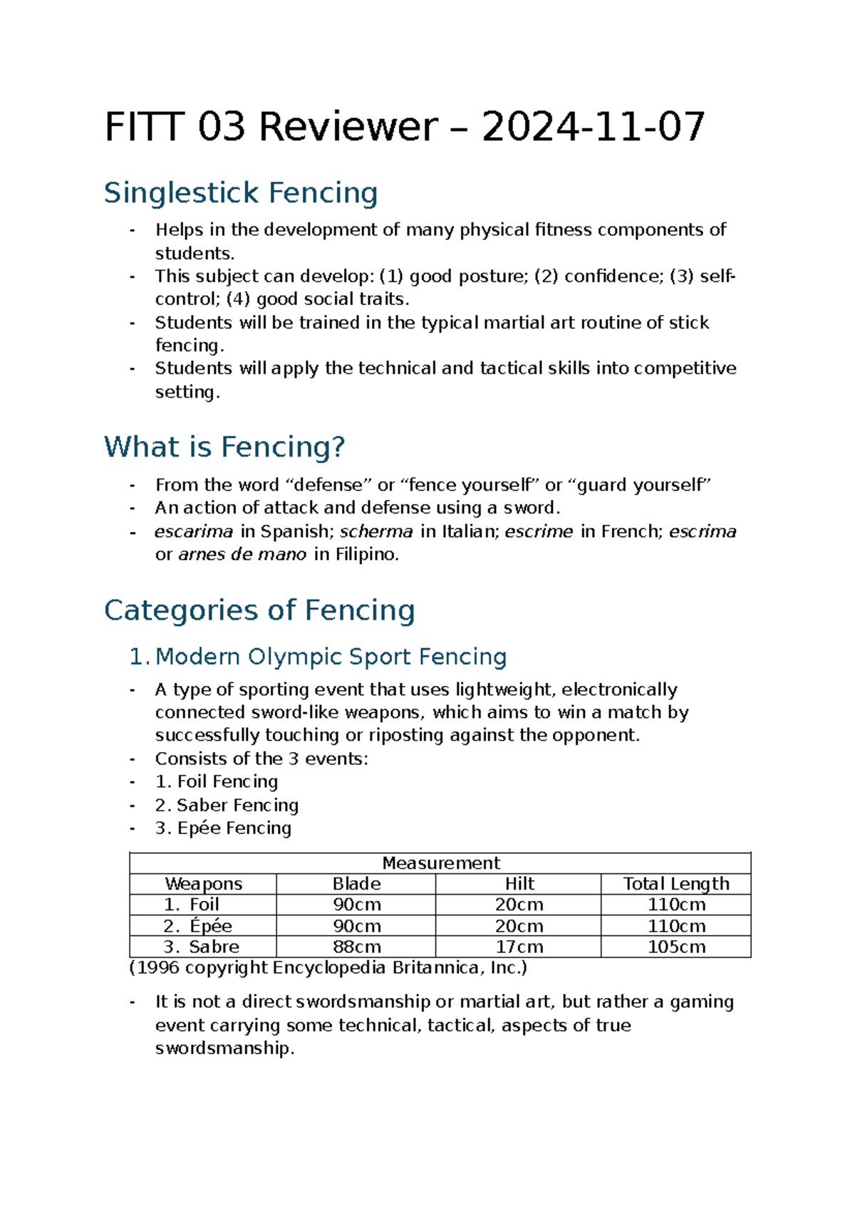 FITT 03 reviewer - FITT 03 Reviewer – 2024-11- Singlestick Fencing ...