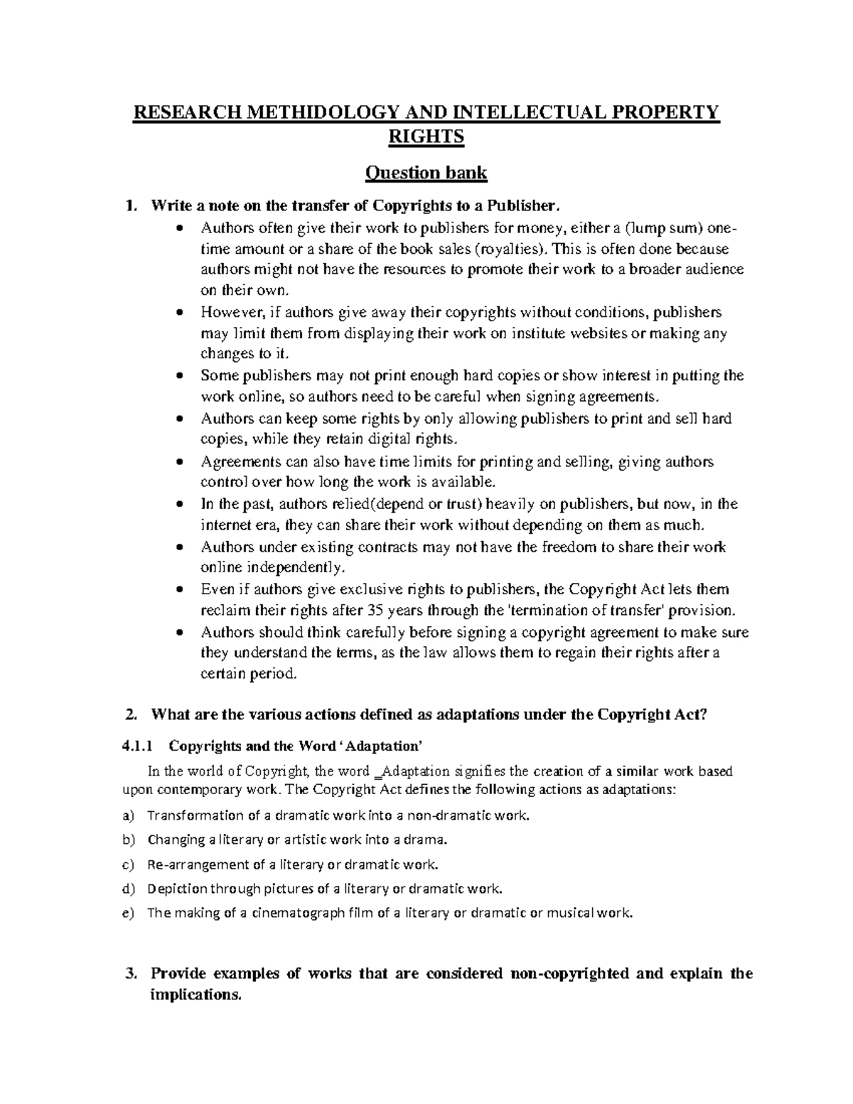 Question Bank IA3 - RM PAPERWORK - RESEARCH METHIDOLOGY AND INTELLECTUAL PROPERTY RIGHTS ...