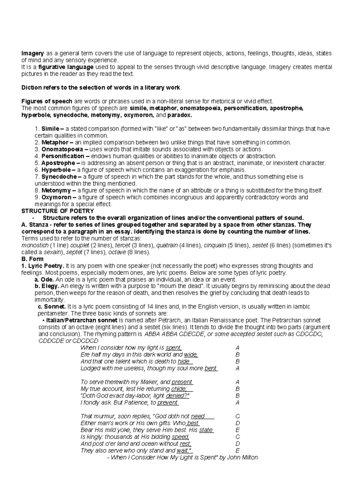 Creative Writing reviewer - Imagery as a general term covers the use of ...