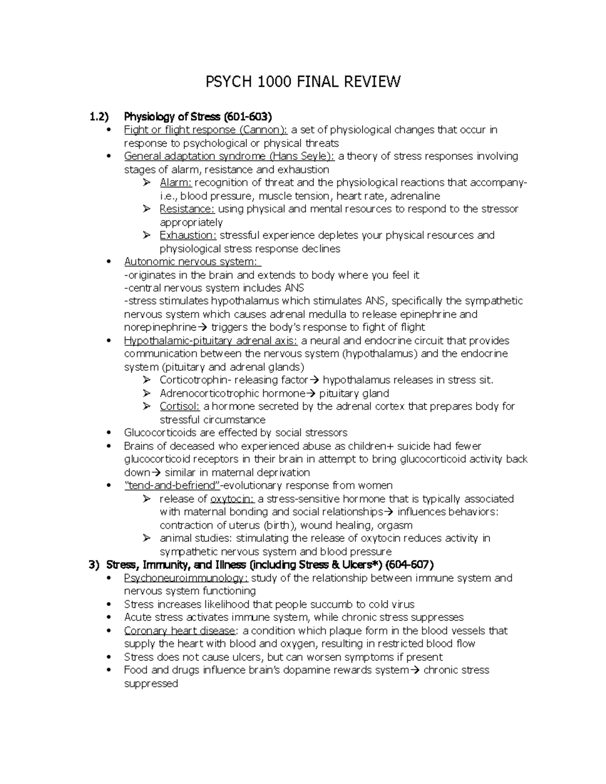 Summary - psych final exam notes - PSYCH 1000 FINAL REVIEW Physiology ...
