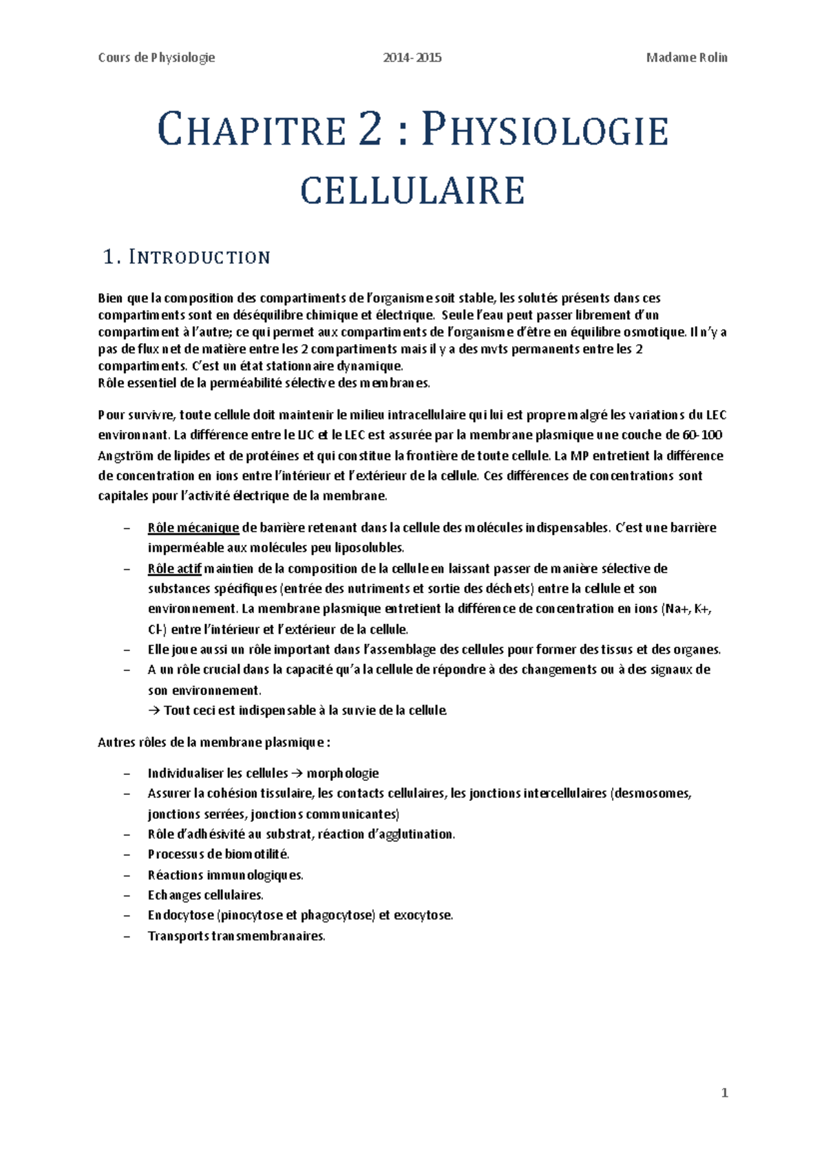 physiologie cellulaire - CHAPITRE 2 : PHYSIOLOGIE CELLULAIRE 1. IN T R ...