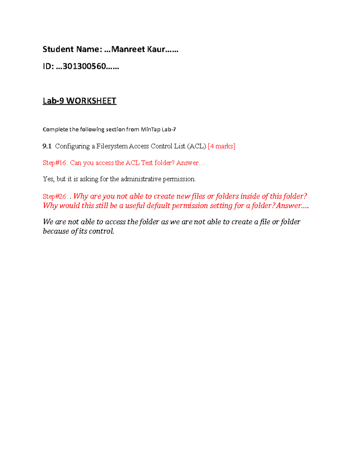 Lab-9 Worksheet-M23 - practical file - Student Name: .. Kaur...... ID ...