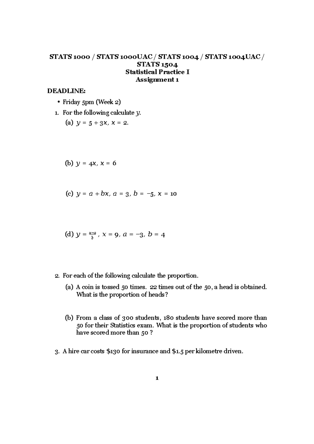 SPIA1 - Statistics assignment - STATS 1000 / STATS 1000UAC / STATS 1004 / STATS 1004UAC / STATS ...