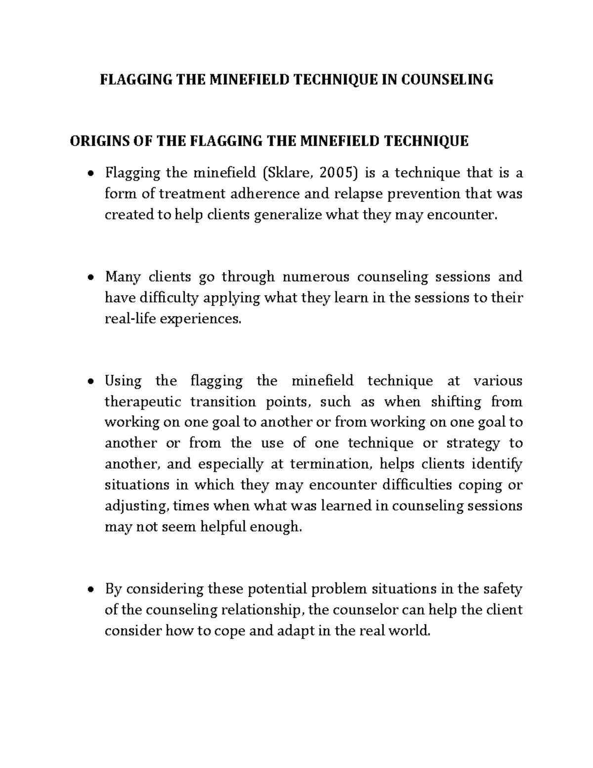 Flagging the Minefield Technique in Counseling - FLAGGING THE MINEFIELD ...