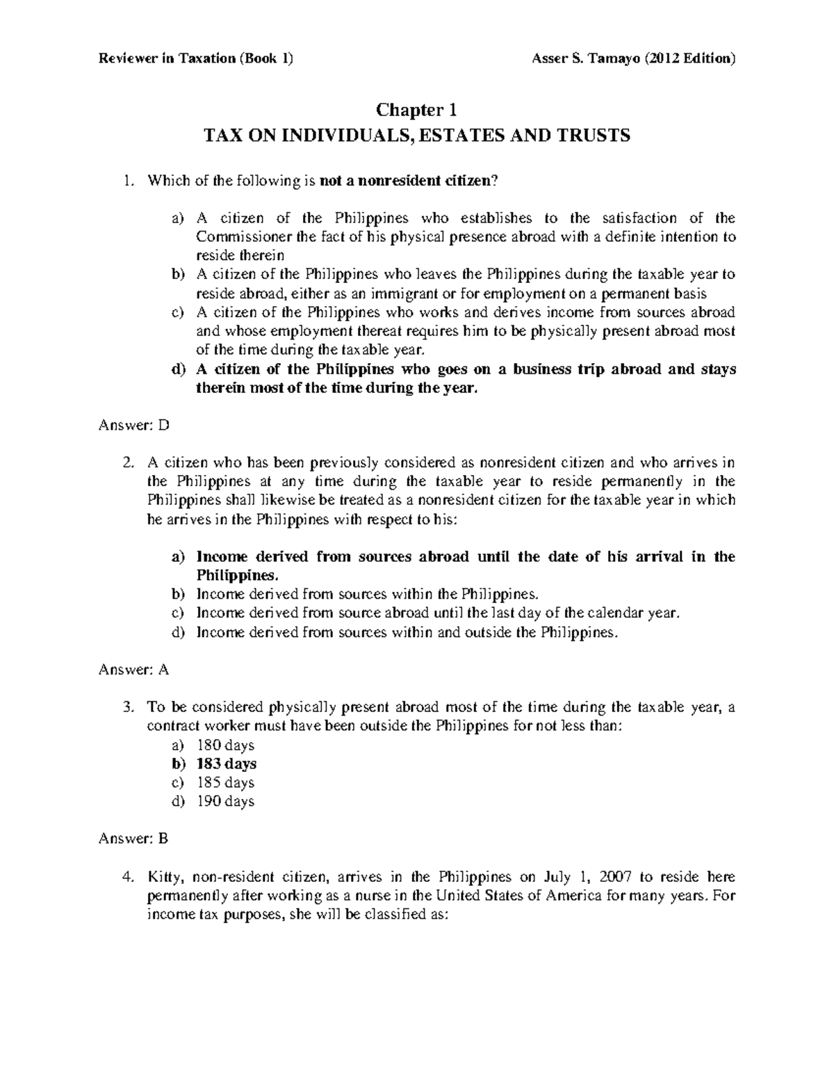 Tax - Reviewer in Taxation (Book 1) Asser S. Tamayo (2012 Edition ...