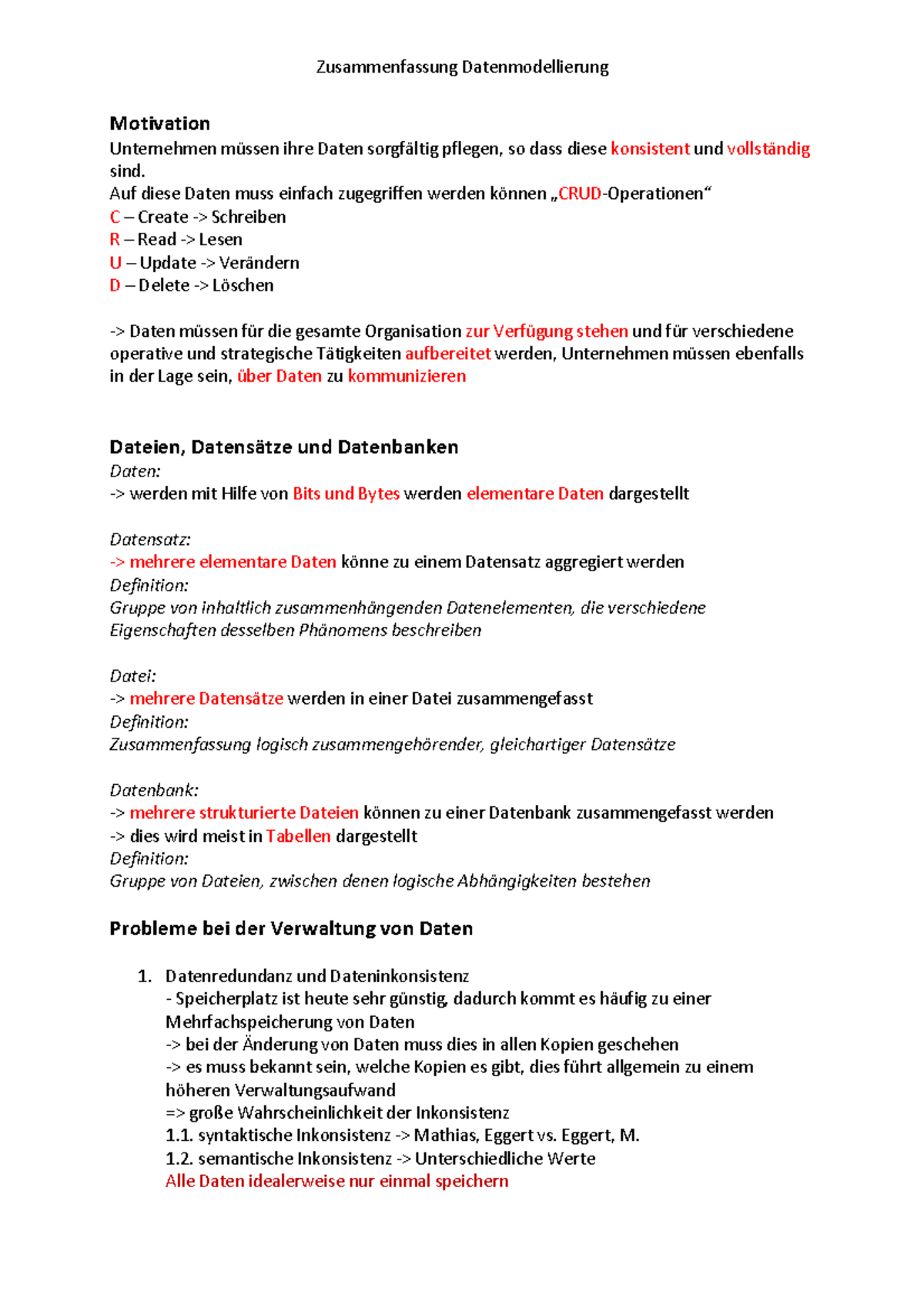 Zusammenfassung Datenmodellierung, ER Modell, Relationenmodell - Warning: TT: undefined function ...