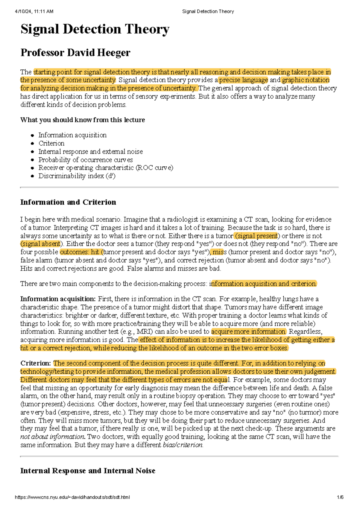 Signal Detection Theory - Signal Detection Theory Professor David Heeger The starting point for ...