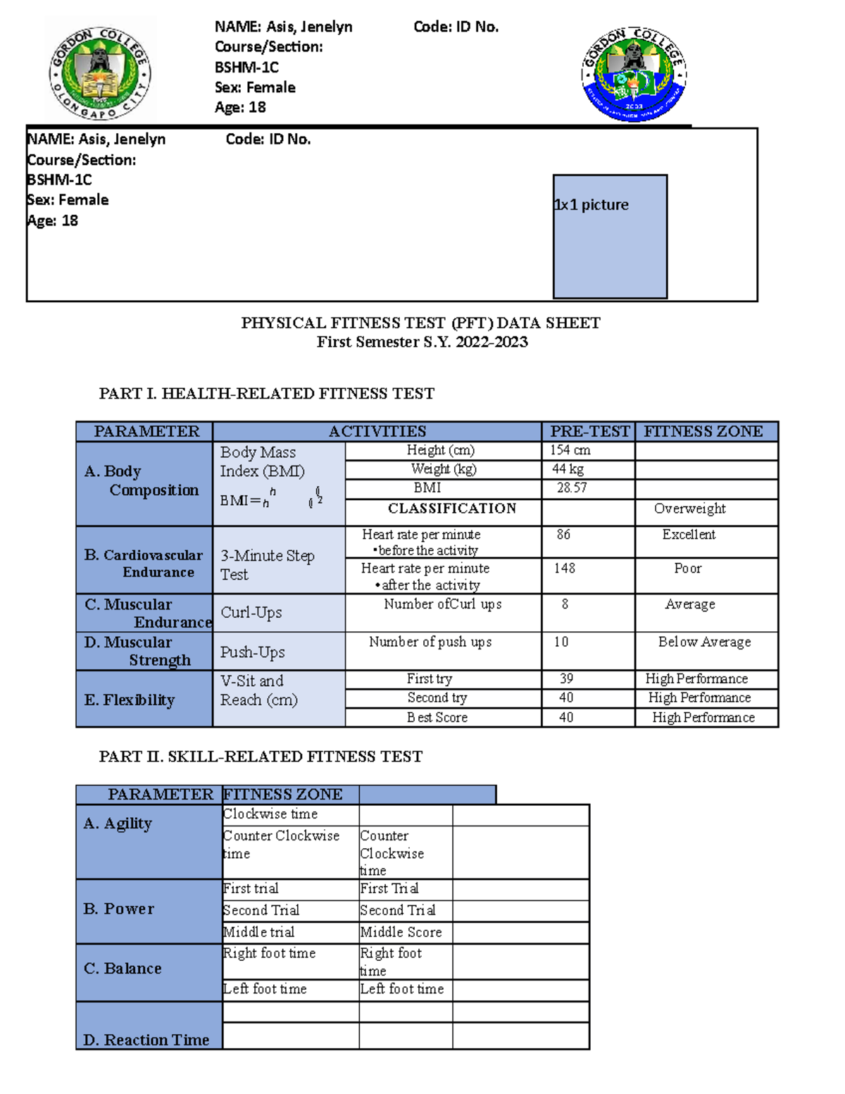 Pathfit 1 Physical-Fitness-Test-Part-2 - NAME: Asis, Jenelyn Code: ID ...