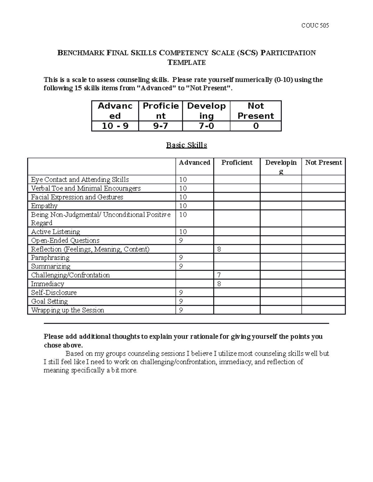 Benchmark Final Skills Competency Scale SCS Participation - COUC 505 BENCHMARK FINAL SKILLS ...