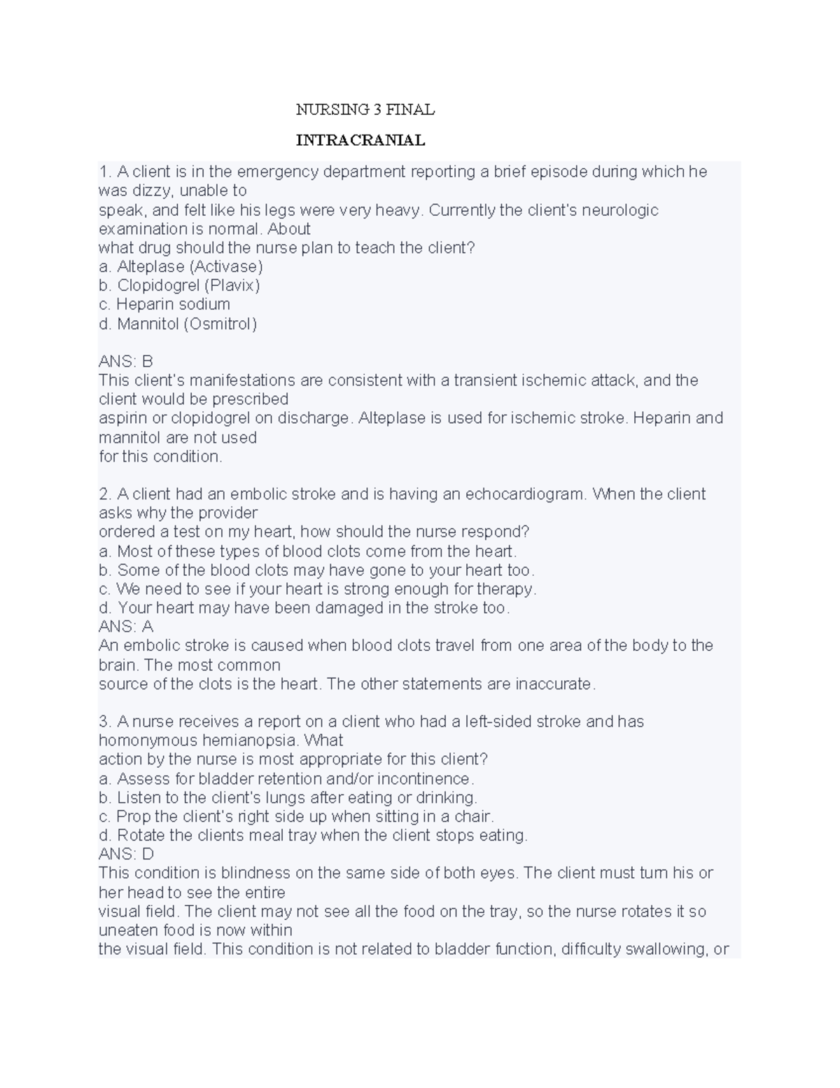 Nursing 3 Final EXAM 4 - practice - NURSING 3 FINAL INTRACRANIAL A ...