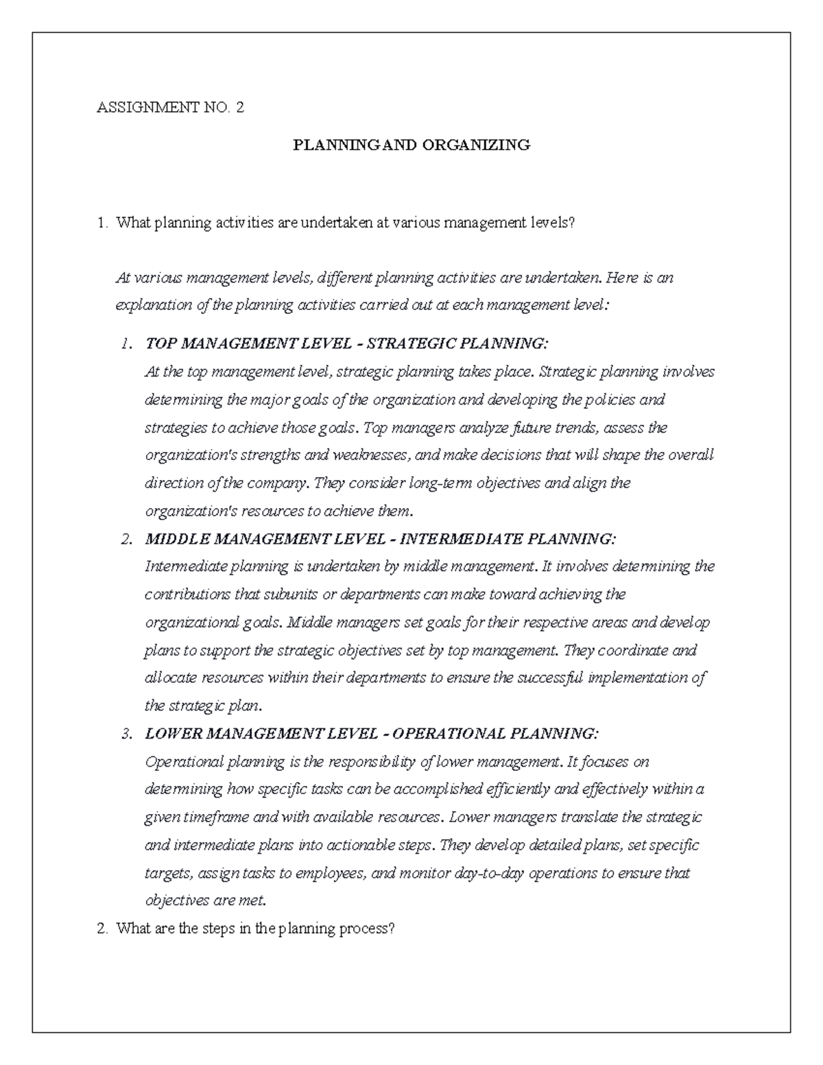 Eng'g Management Assignment No.2 (Planning and Organizing) - ASSIGNMENT ...