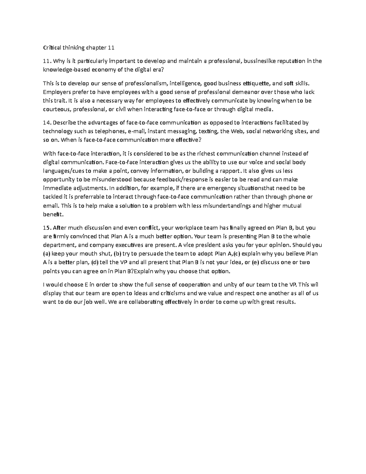 Critical thinking chapter 11 - Employers prefer to have employees with ...
