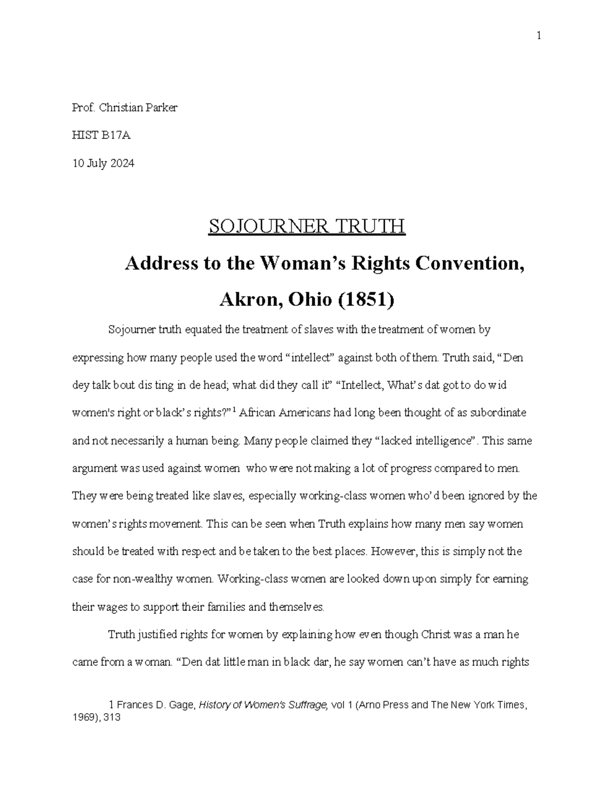 PSJ 6 Chapters 11-12 - Psj 6 - 1 Prof. Christian Parker HIST B17A 10 July 2024 SOJOURNER TRUTH ...