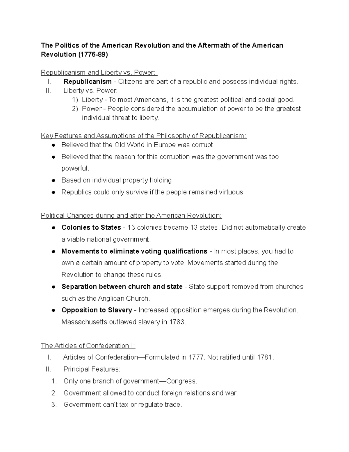 HIST 1010 Lecture 10 Notes - The Politics of the American Revolution ...