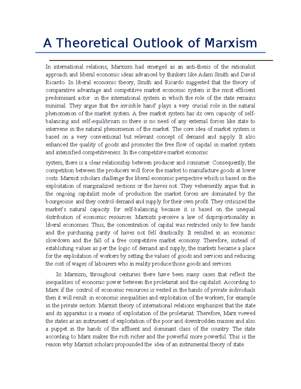 A Theoretical Outlook of Marxism - In liberal economic theory, Smith ...