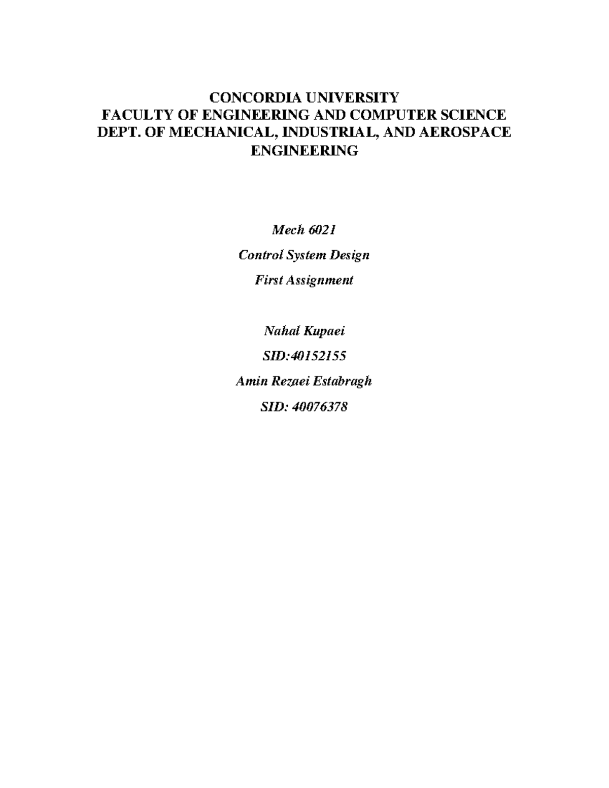 Assignment 1-solution - CONCORDIA UNIVERSITY FACULTY OF ENGINEERING AND COMPUTER SCIENCE DEPT ...