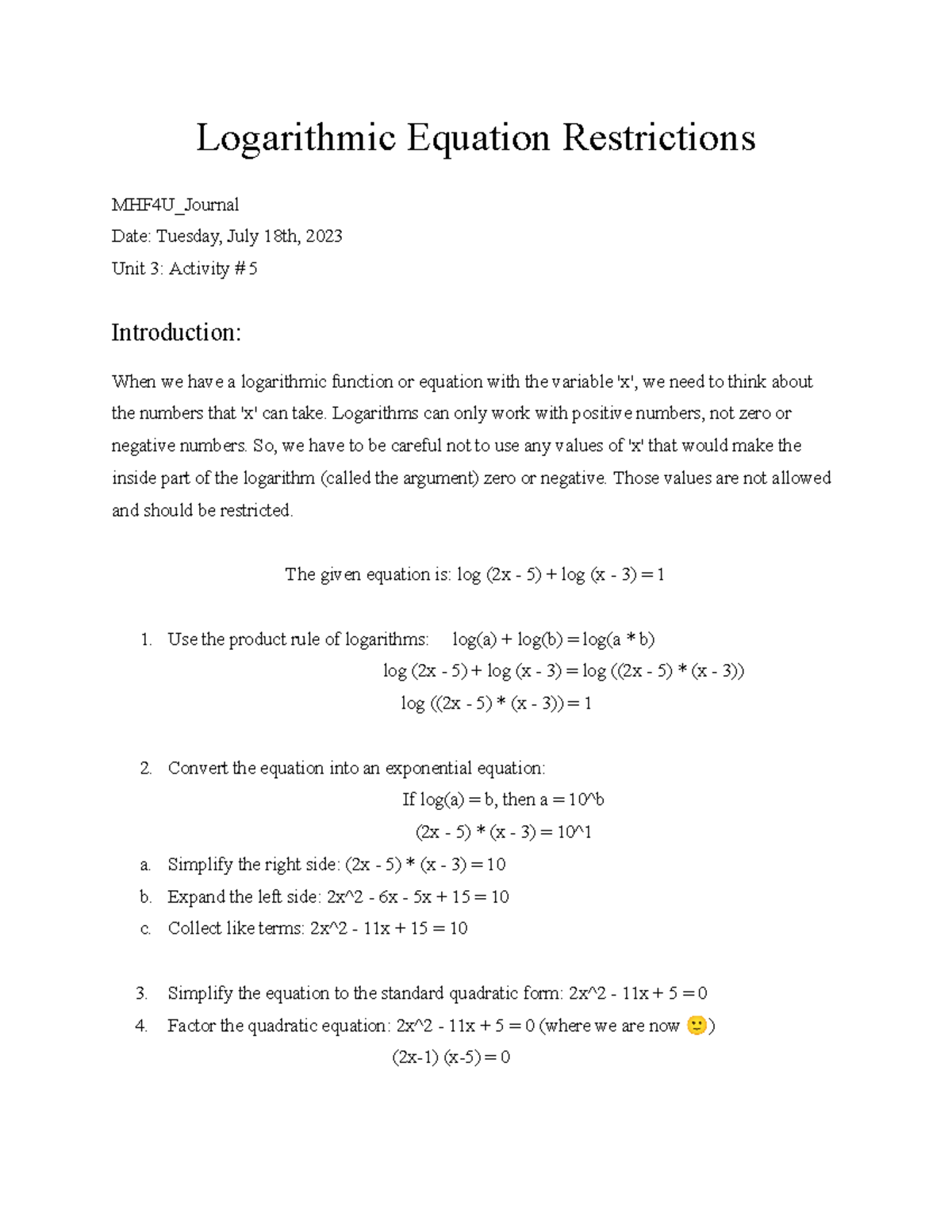 Mhf4u Journal Unit 3 Activity 5 Studocu