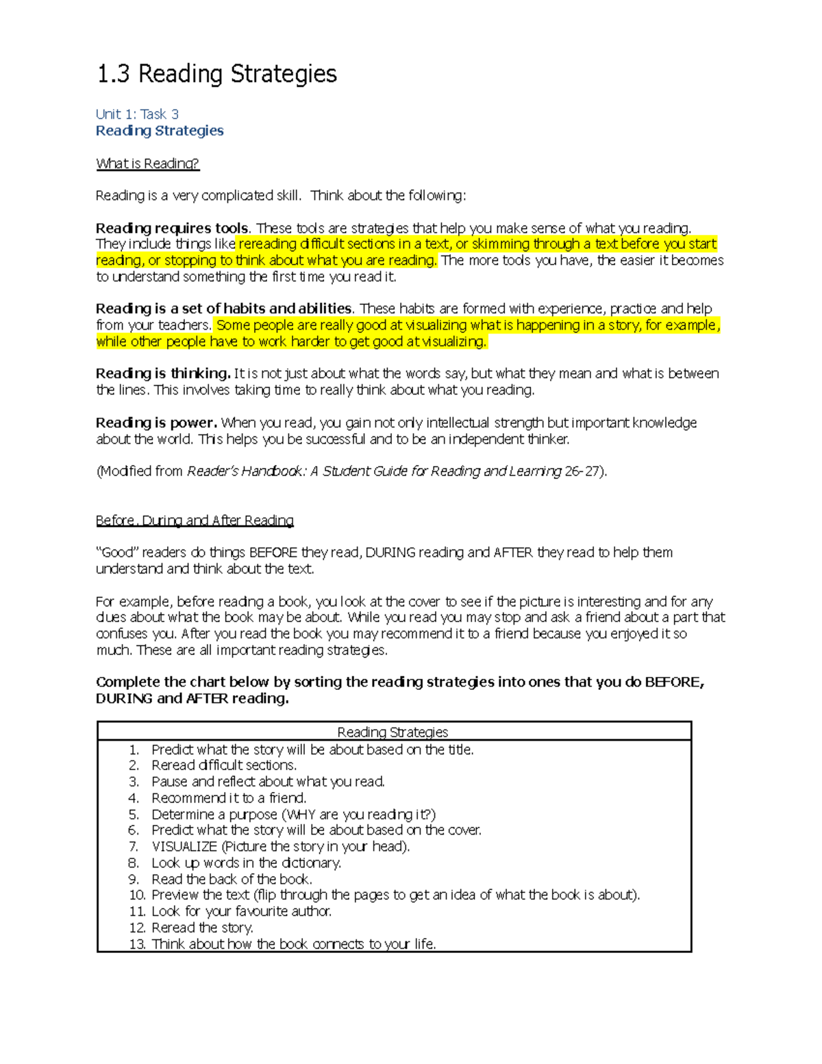 Lesson 1.3 Reading Strategies - 1 Reading Strategies Unit 1: Task 3 Reading Strategies What is ...