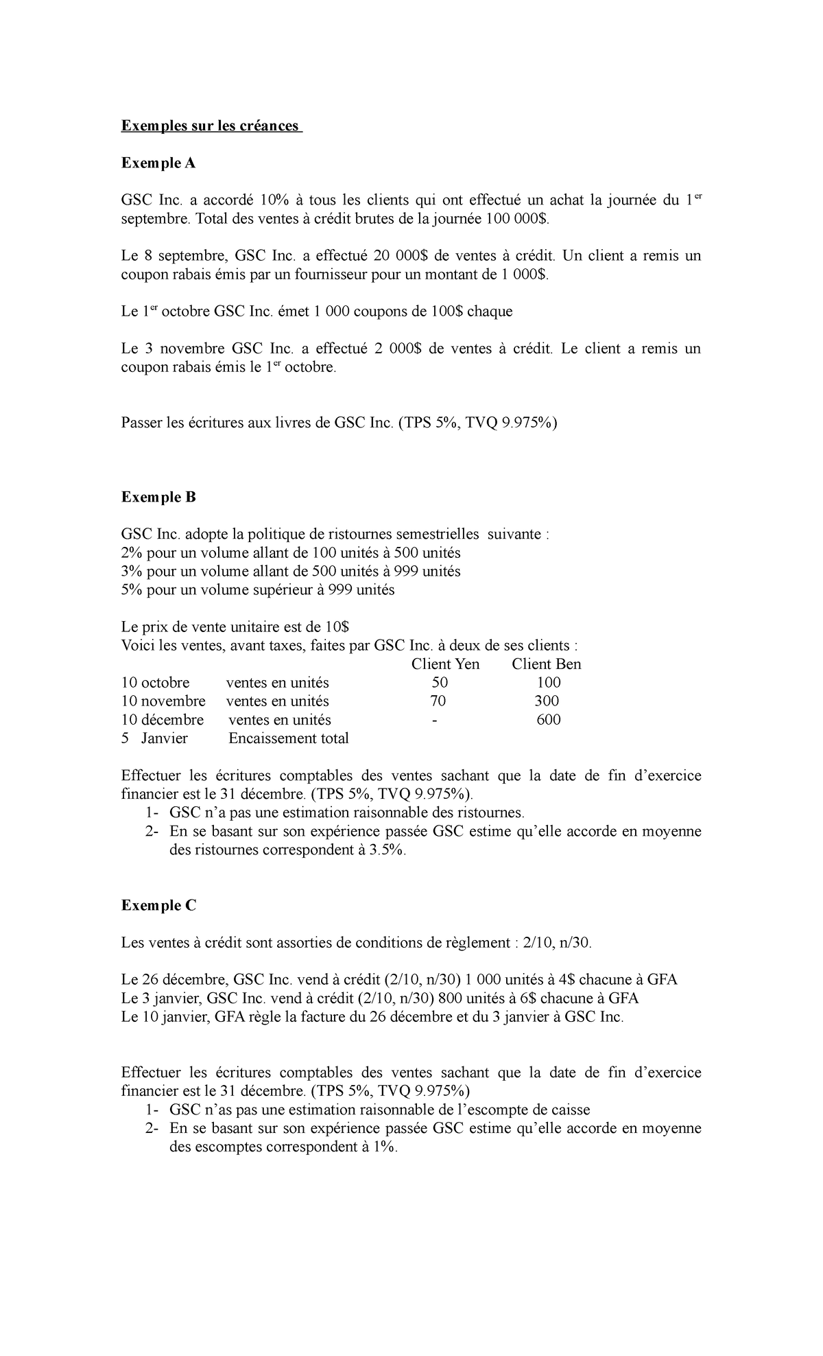 3-Exemple Creance - exemple - Exemples sur les créances Exemple A GSC ...