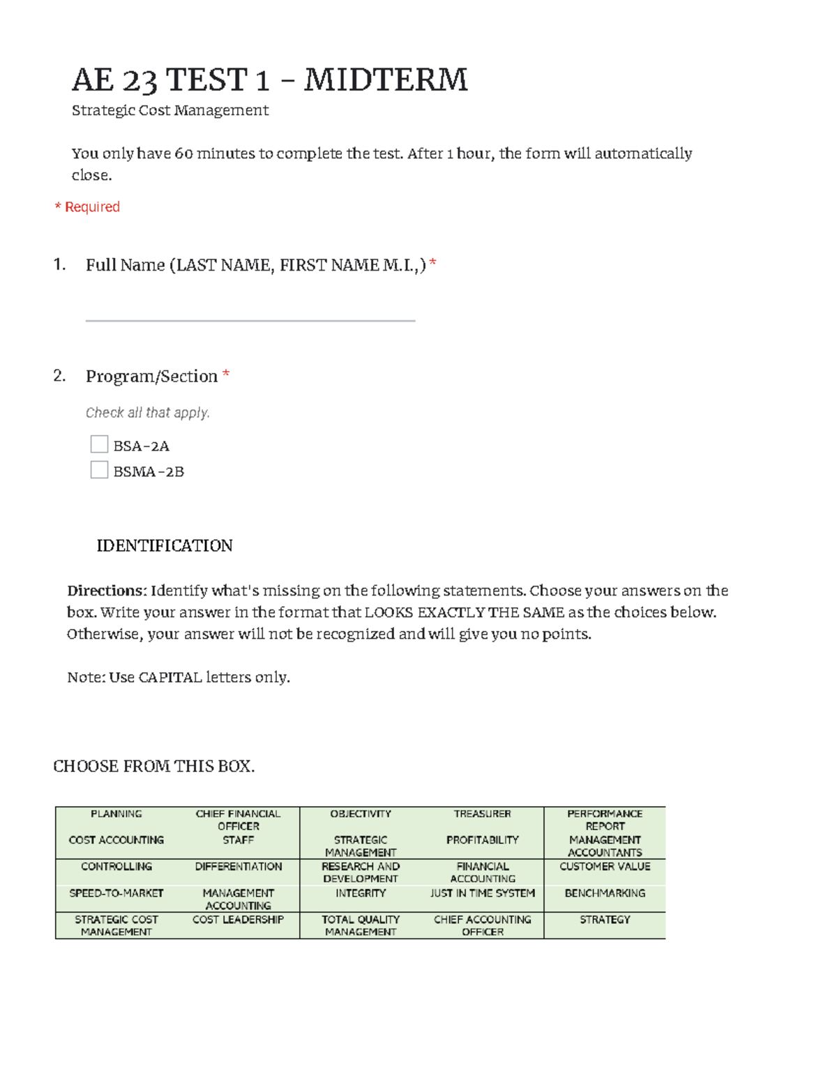 AE 23 TEST 1 - Midterm - Google Forms - CHOOSE FROM THIS BOX. 1. 2 ...