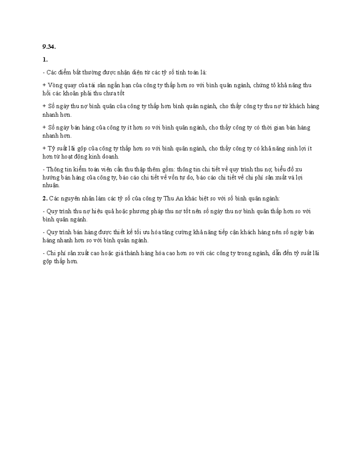 BT9.34 ktbctc - 9. 1. Các điểm bất thường được nhận diện từ các tỷ số tính toán là: Vòng quay ...