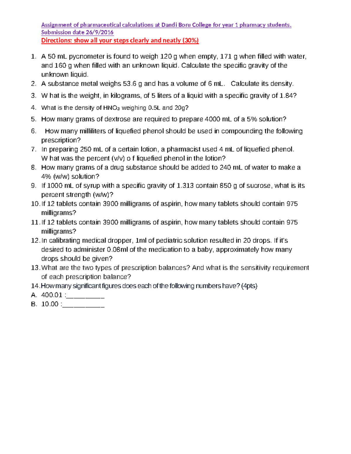 Assgn - Assignment - Assignment of pharmaceutical calculations at Dandi ...