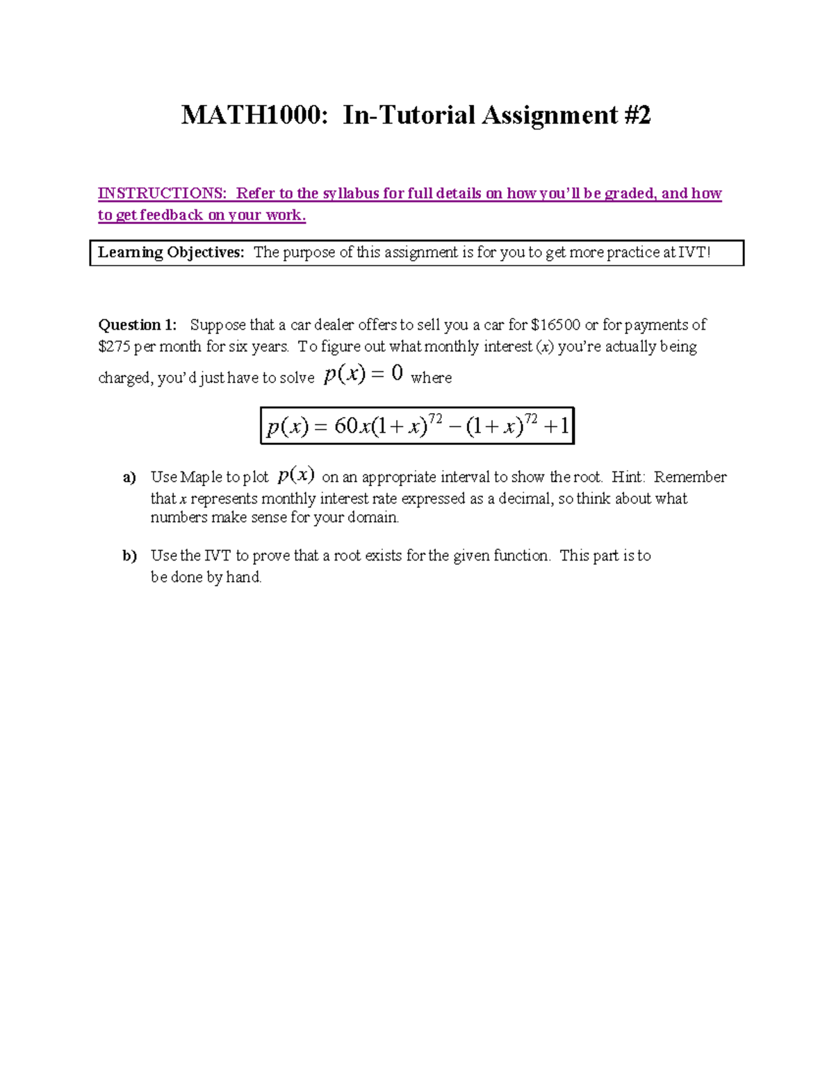 Assign 2 1000 USE - TUTORIAL - MATH1000: In-Tutorial Assignment INSTRUCTIONS: Refer to the ...
