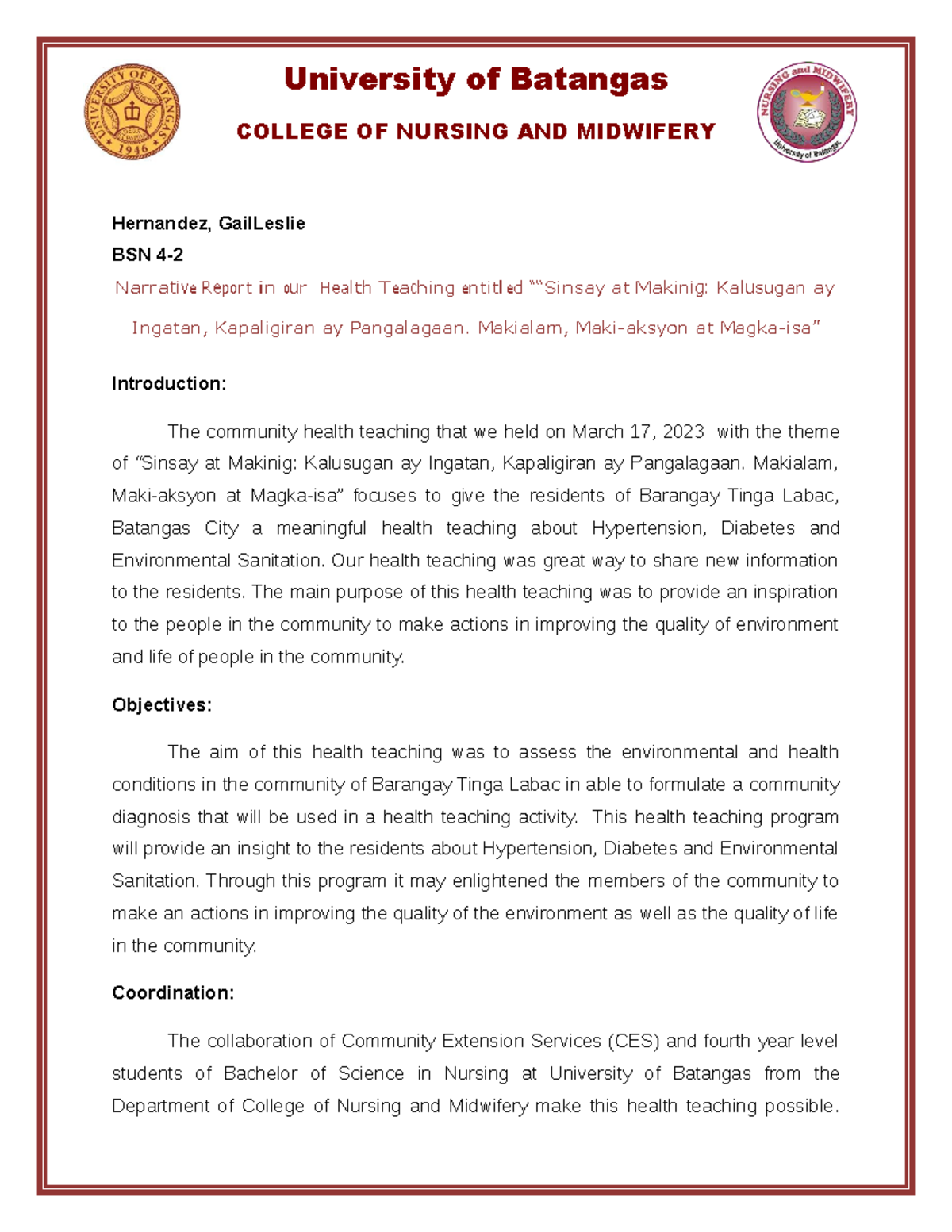Laroza, Sofhia Kyle O. (CNM Format Narrative Report) - University of ...