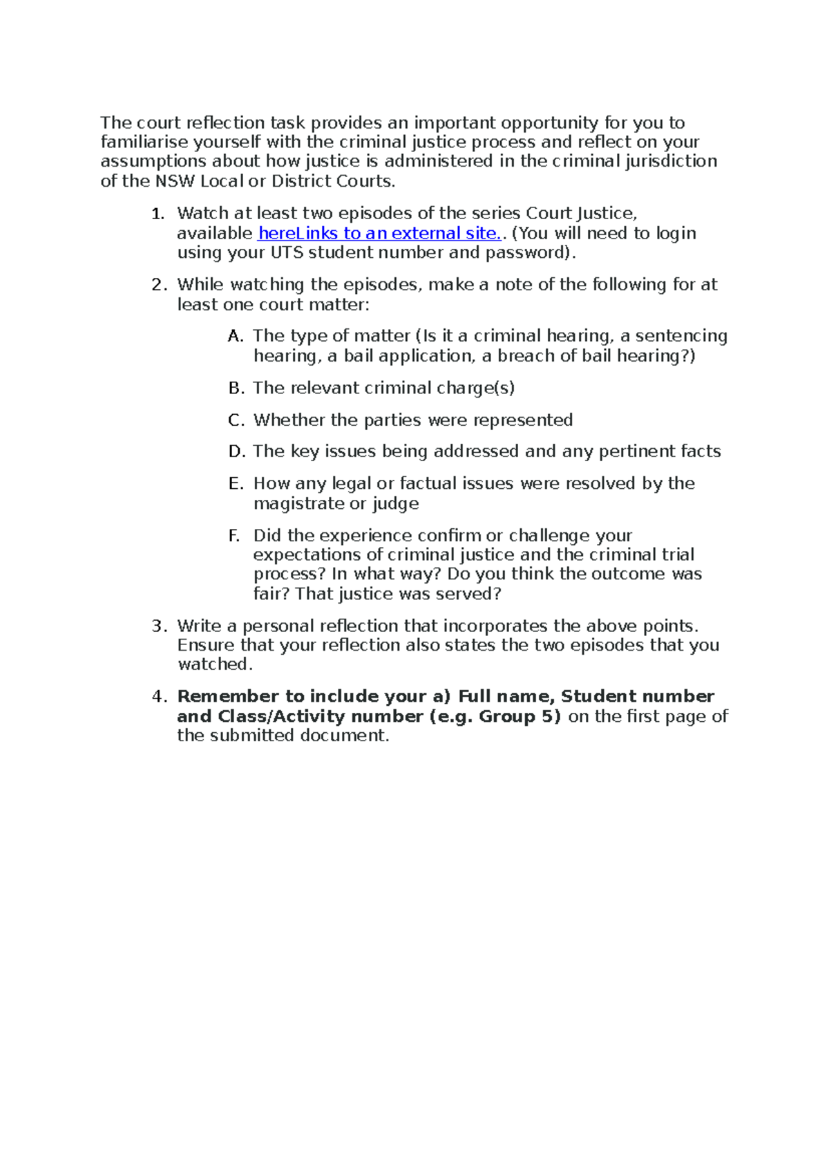Court reflection task - Assessment task 1 - HD student and good marks ...