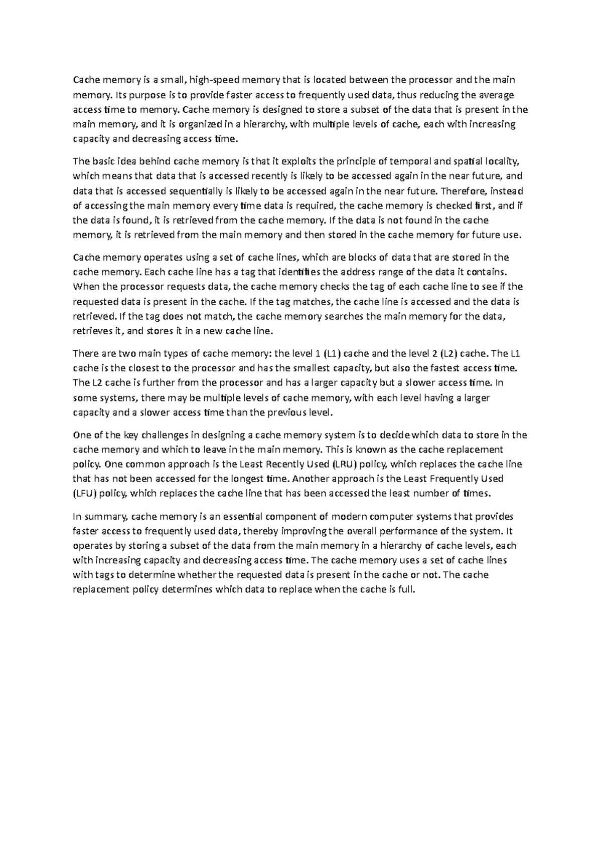 Cache memory - Its purpose is to provide faster access to frequently ...