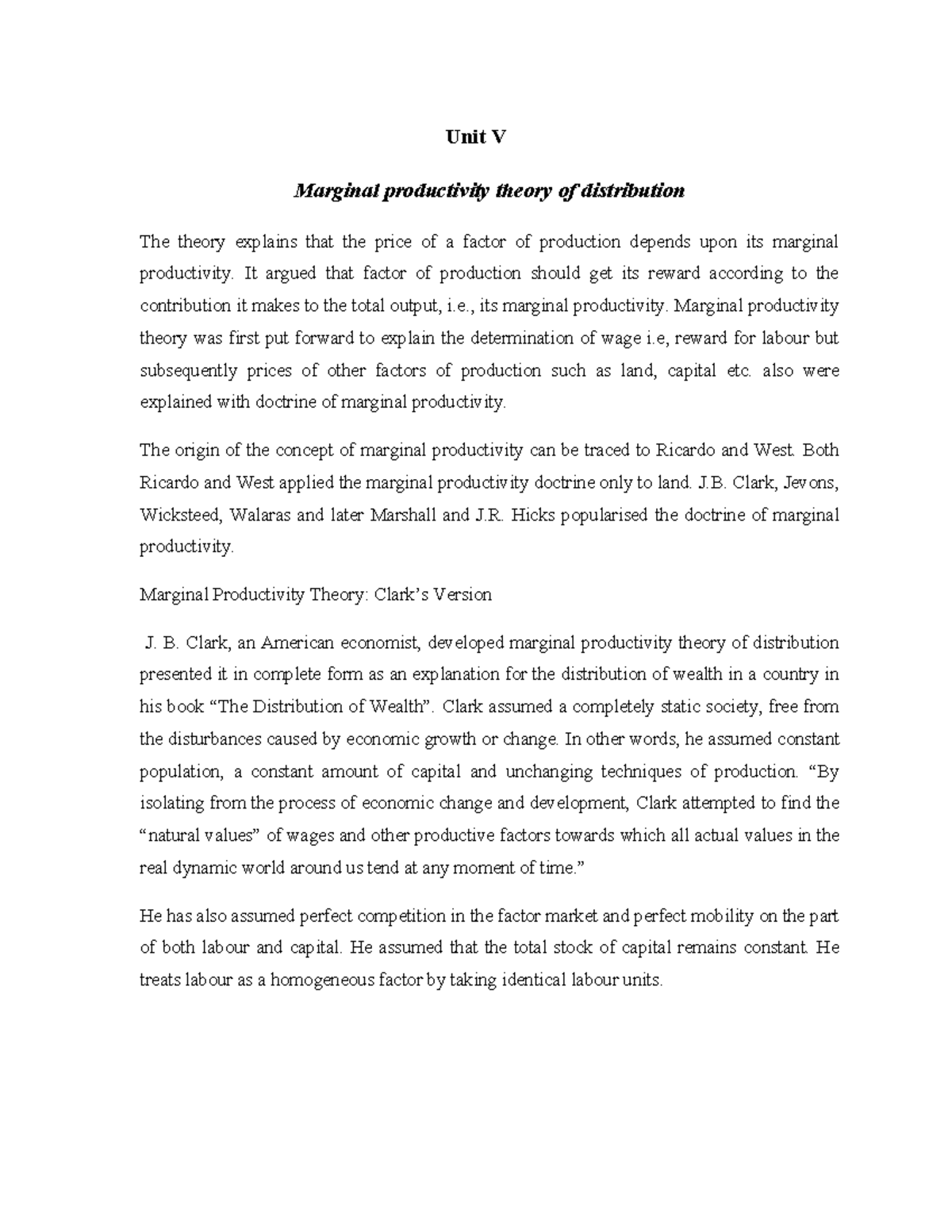 Economics 1 - Micro Economics - Unit V Marginal productivity theory of ...