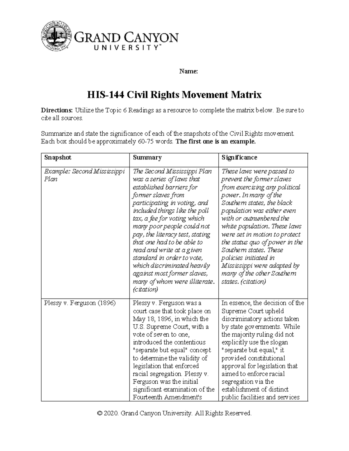 HIS-144-T6 Civil Rights Movement Matrix - Name: HIS-144 Civil Rights ...
