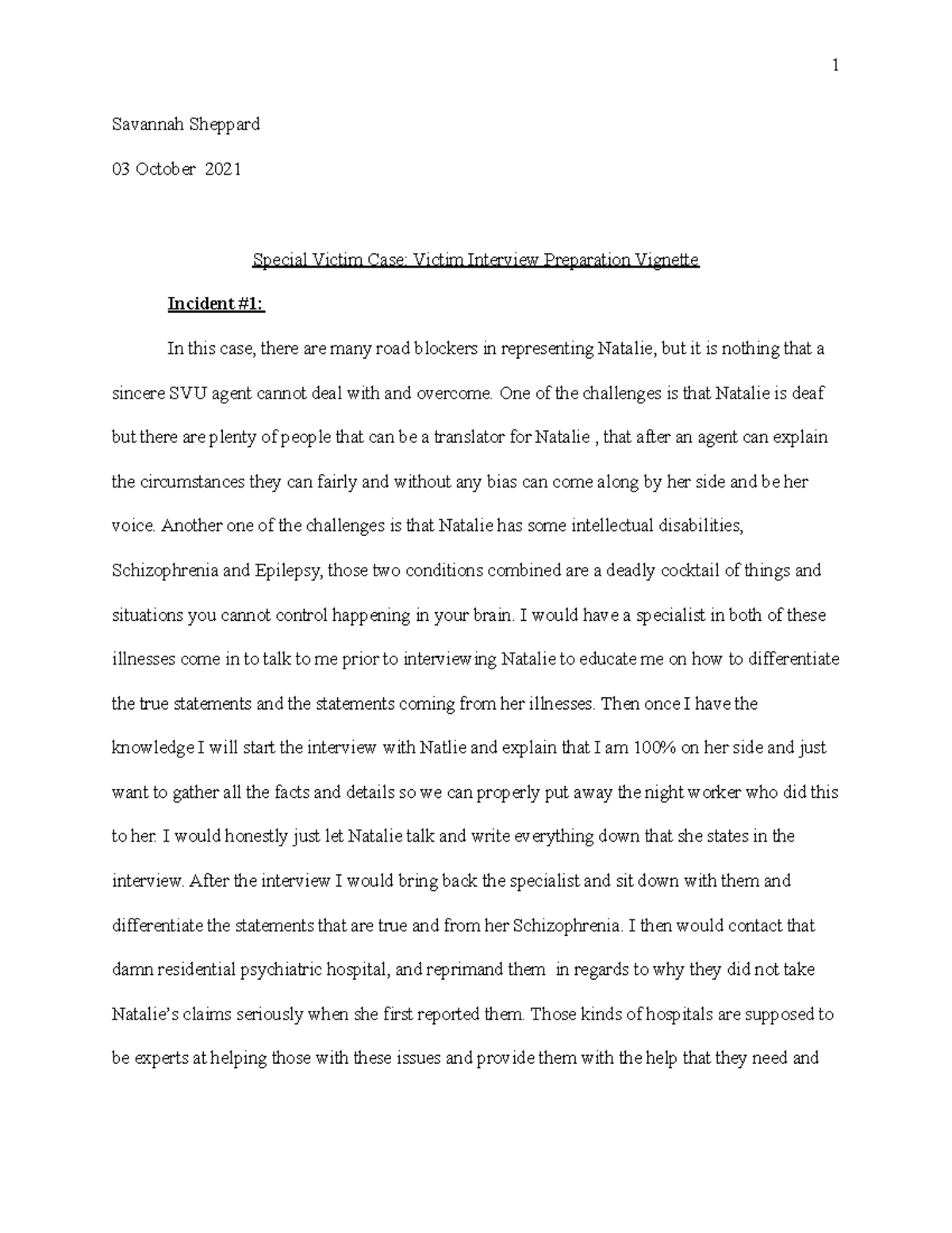 Special Victim Case Victim Interview Preparation Vignette - 1 Savannah ...