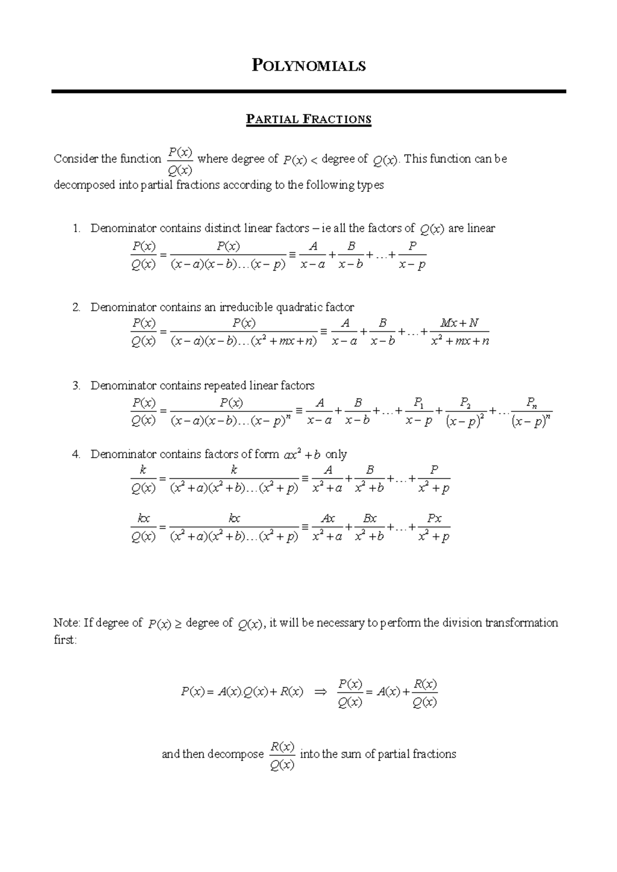 Partial Fractions - Practice problems - P OLYNOMIALS PARTIAL FRACTIONS ...