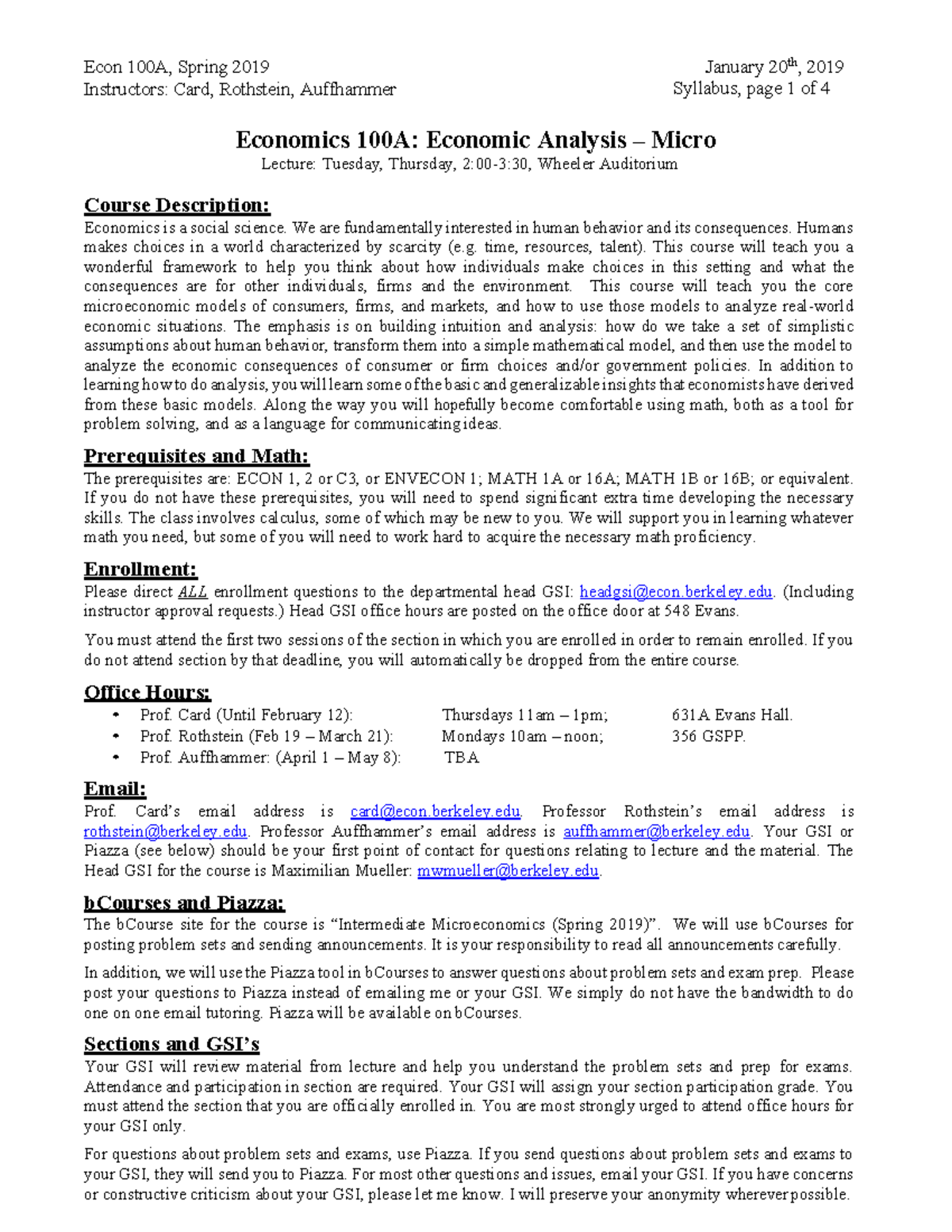 Syllabus-econ100A - Warning: TT: undefined function: 32 Instructors: Card, Rothstein, Auffhammer ...