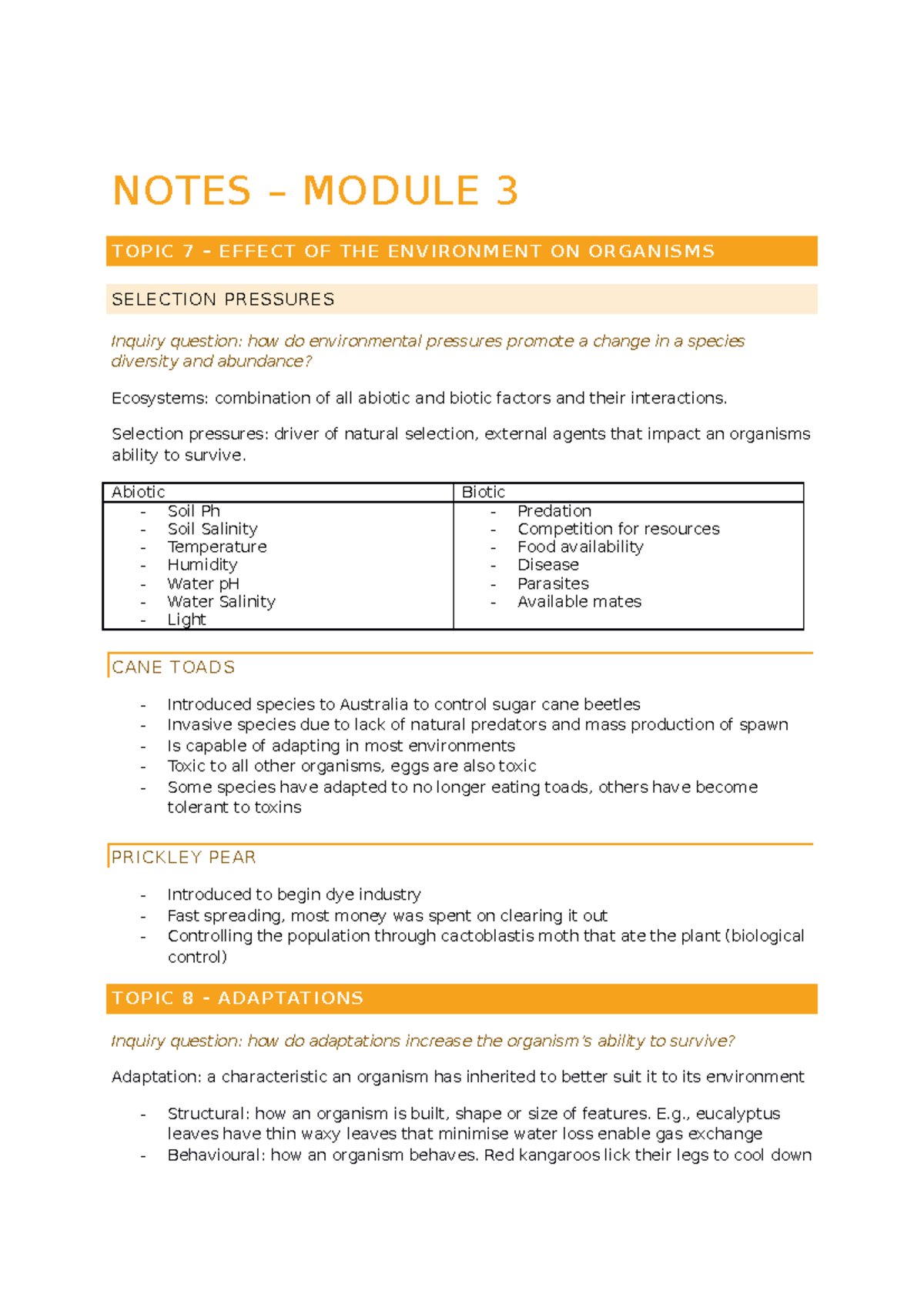 Biology Notes - module 3 - NOTES – MODULE 3 TOPIC 7 – EFFECT OF THE ...