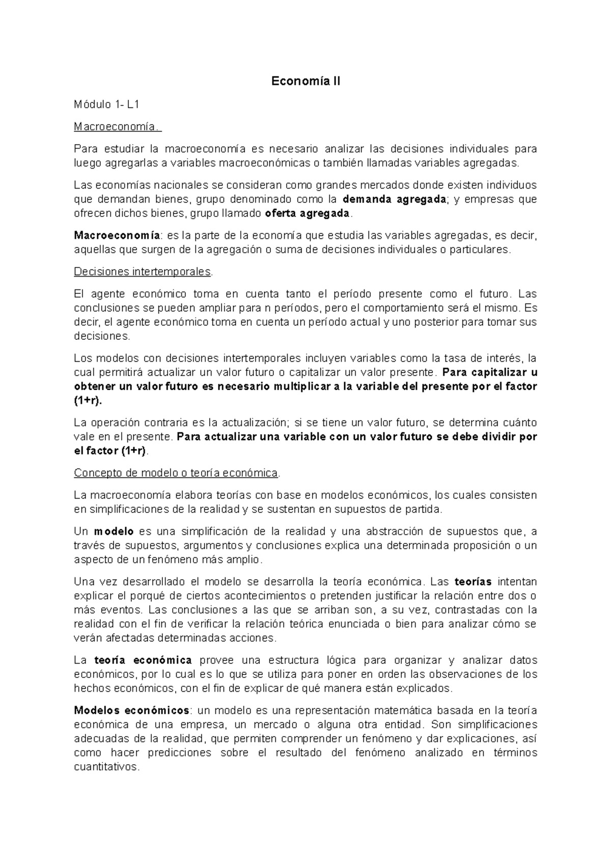 Economía II - Resumen primer parcial modulo 1 y 2 del canvas - Economía II Módulo 1- L - Studocu
