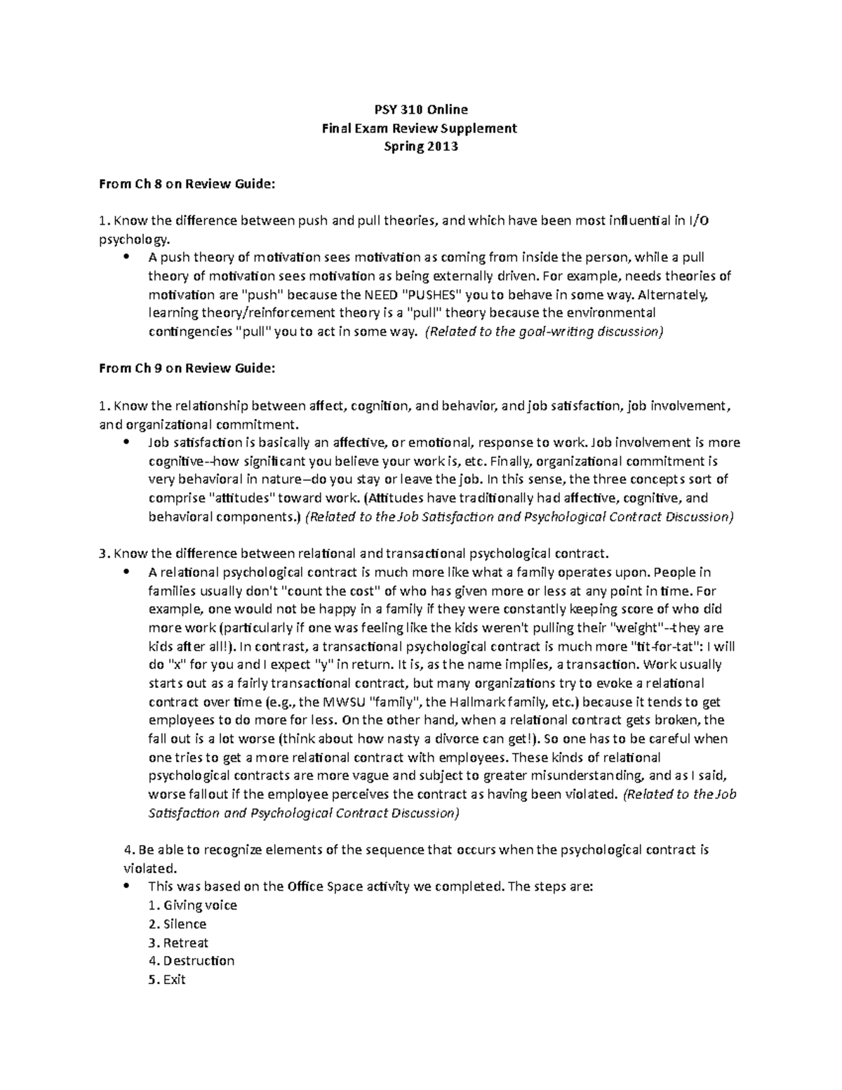 PSY 310 Online Final Exam Review supplement - PSY 310 Online Final Exam Review Supplement Spring ...