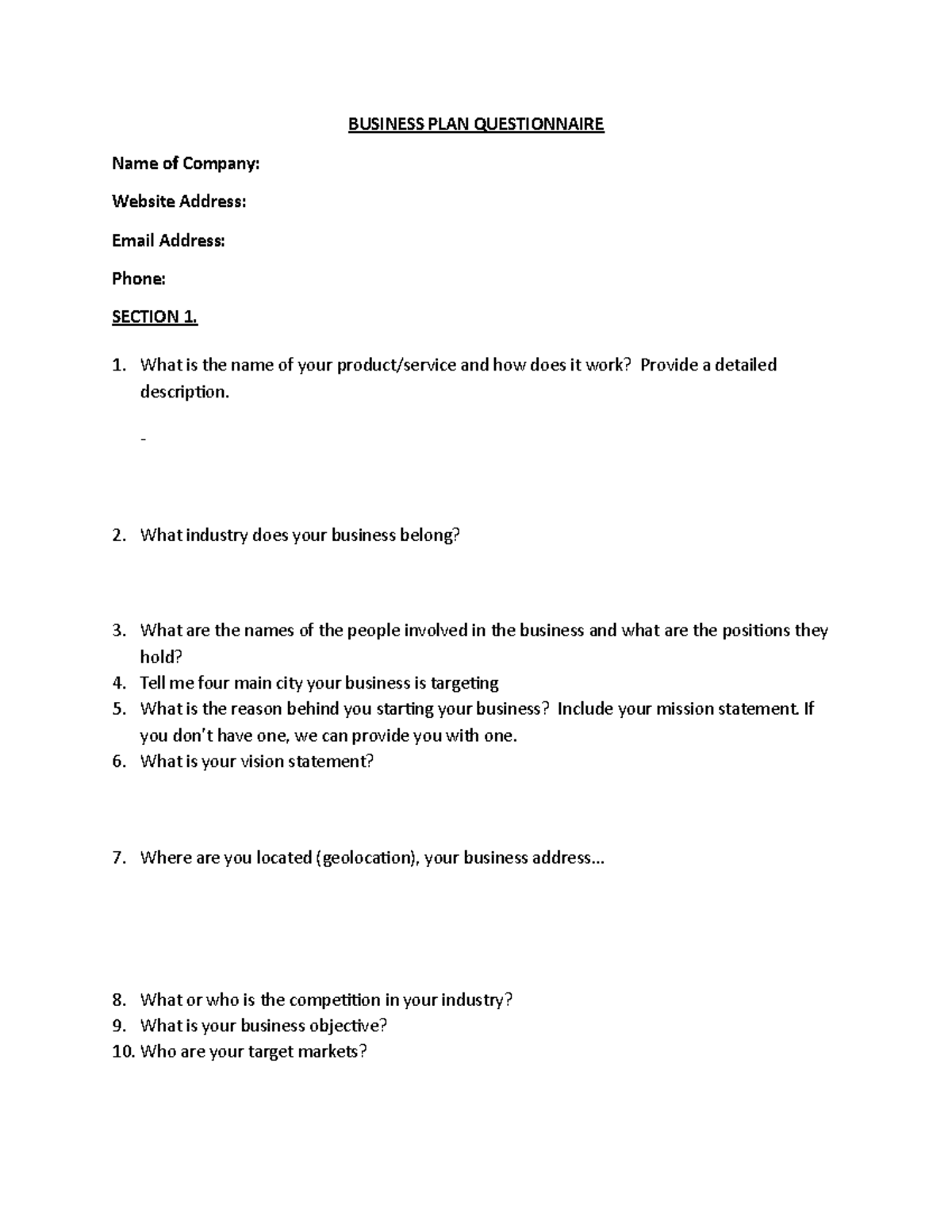 Business PLAN Questionaire - BUSINESS PLAN QUESTIONNAIRE Name of ...