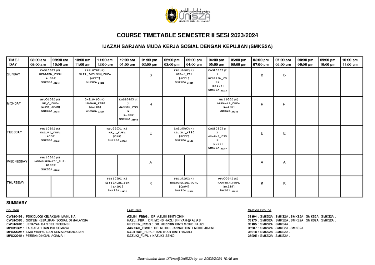 Jadual Kuliah Pelajar FSSG SEM II 20232024 - COURSE TIMETABLE SEMESTER II SESI 2023/ IJAZAH ...