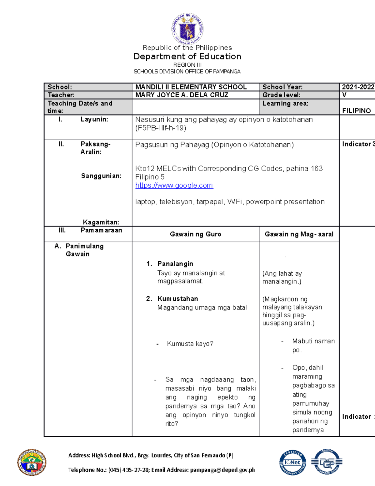 COT 2 Filipino V - EDUCATION - Department of Education REGION III ...
