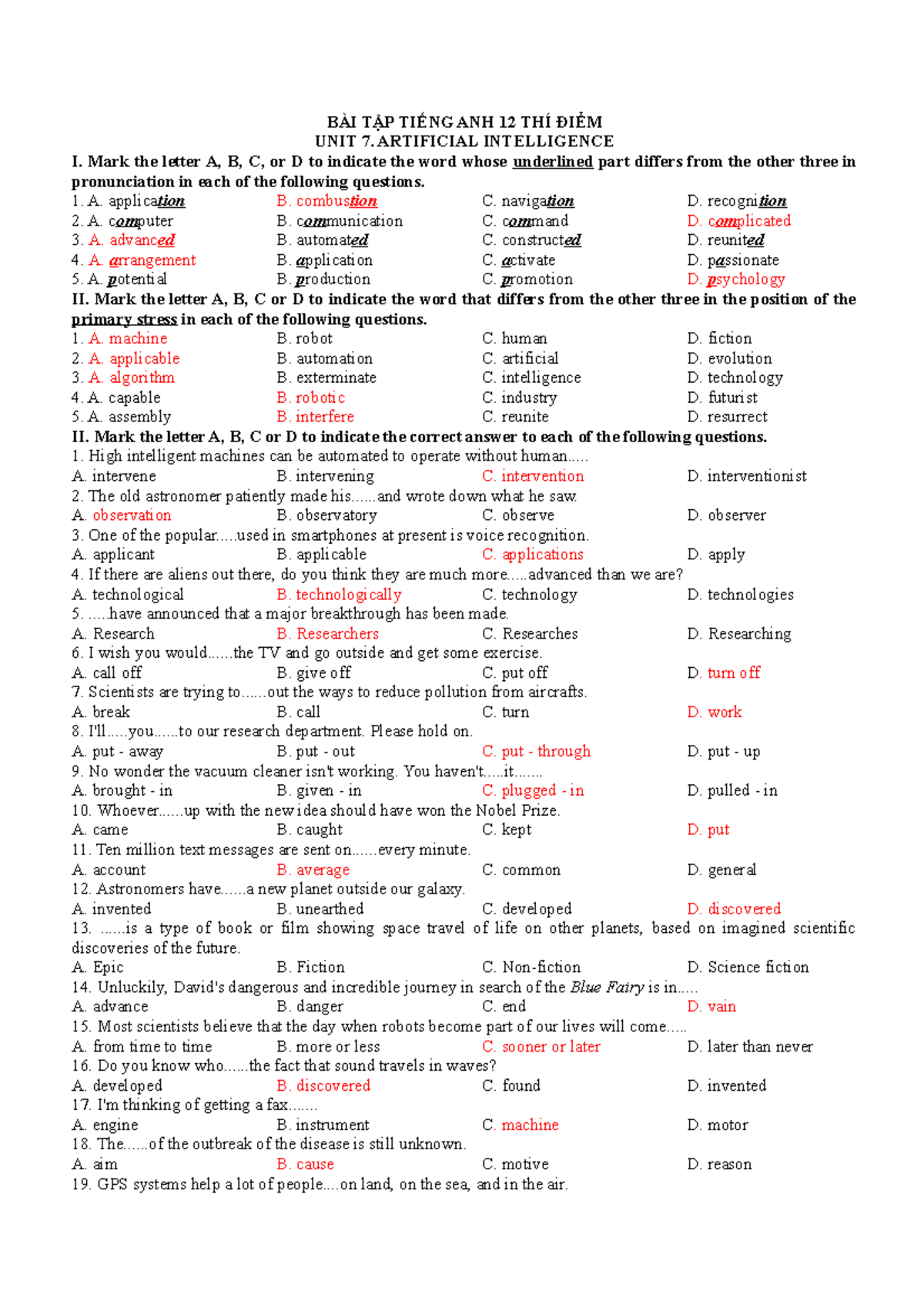 Unit 7 12 new - ôn tập - BÀI TẬP TIẾNG ANH 12 THÍ ĐIỂM UNIT 7. ARTIFICIAL INTELLIGENCE I. Mark ...