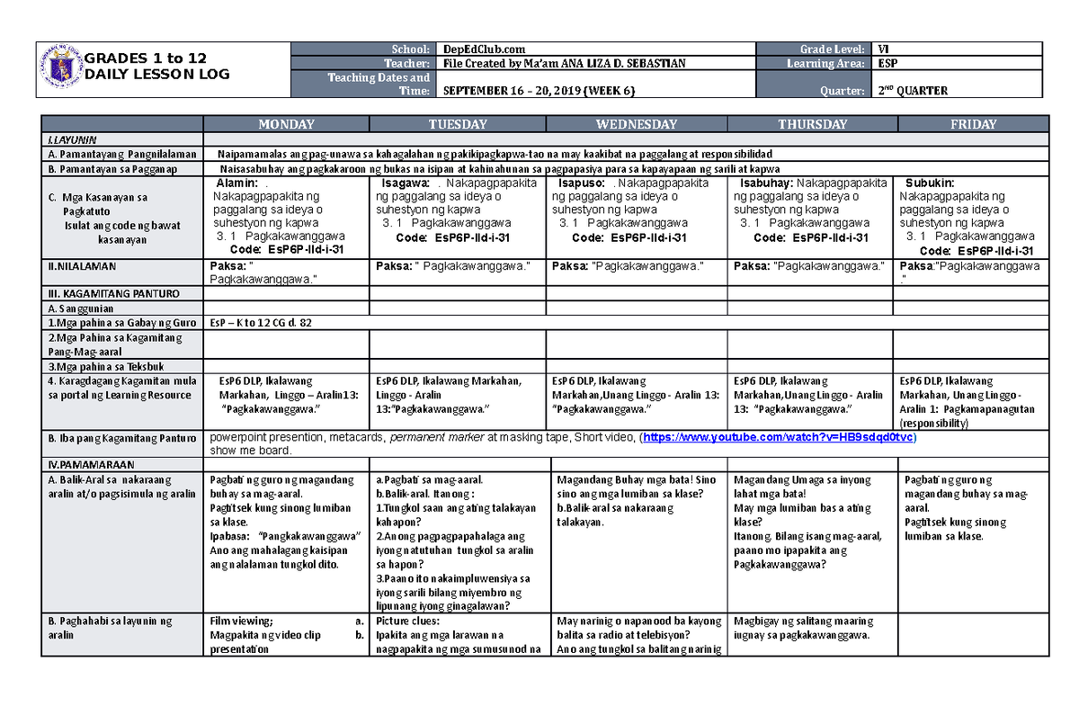 DLL ESP 6 Q2 W6 - Happy - GRADES 1 to 12 DAILY LESSON LOG School ...