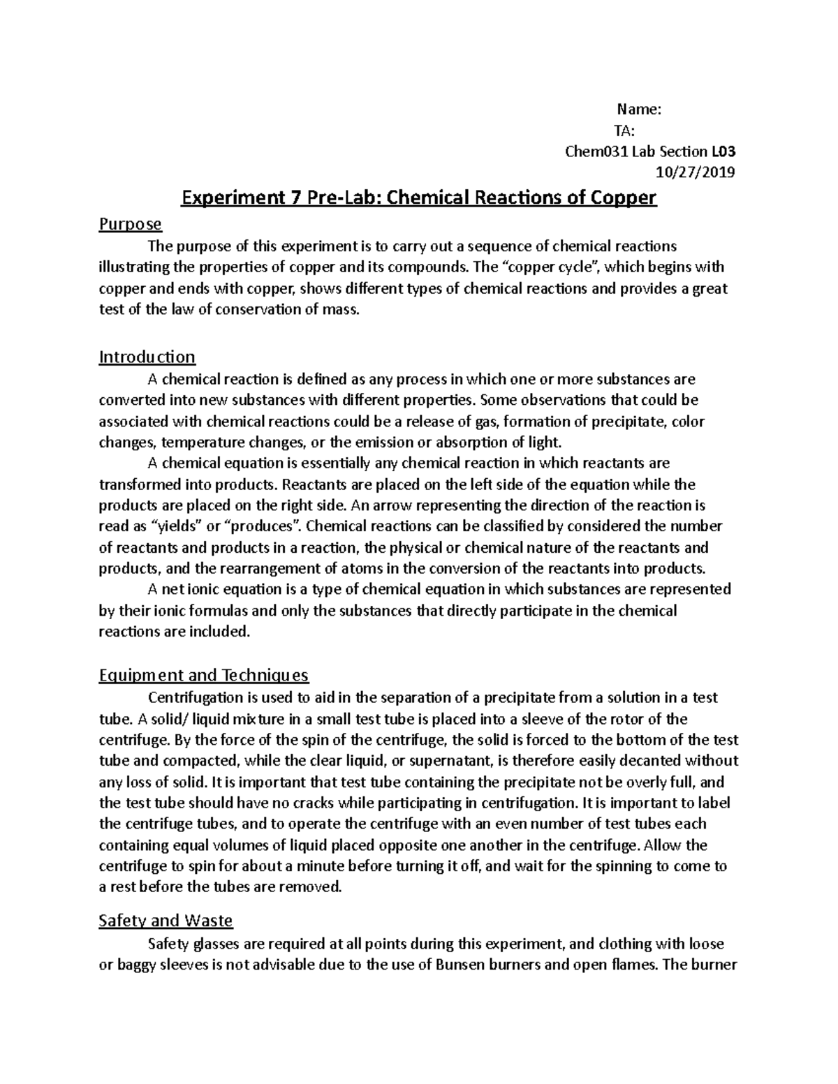 Lab 7 Pre-Lab Chemical Reactions of Copper - Name: TA: Chem031 Lab ...