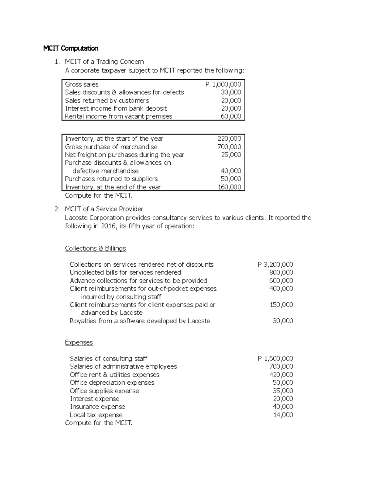 TAX12 Corpoexercises - Income Tax Summaries - MCIT Computation MCIT of ...