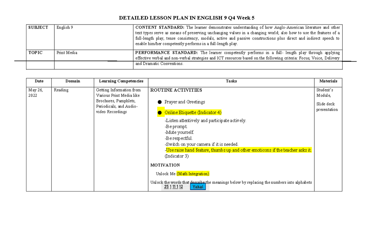 DLP IN ENG 9 Q4 COT 2 - DETAILED LESSON PLAN IN ENGLISH 9 Q4 Week 5 ...
