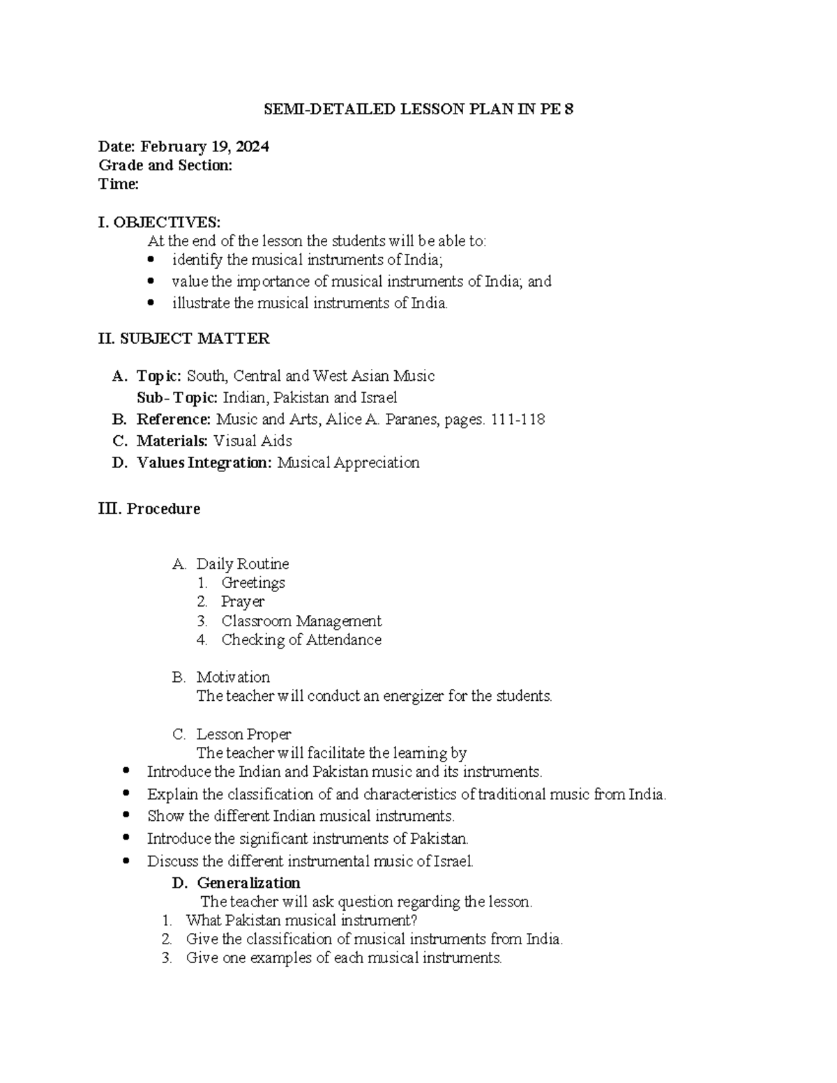 Semi chess - Lesson Plan - SEMI-DETAILED LESSON PLAN IN PE 8 Date ...