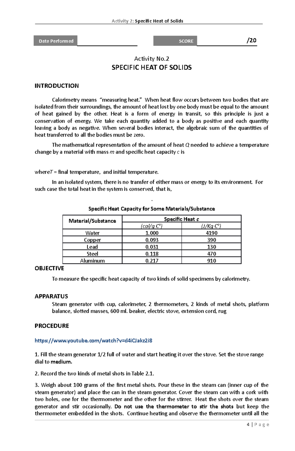Act2 Specific Heat of Solids with sample data - Activity 2: Specific Heat of Solids Activity No ...