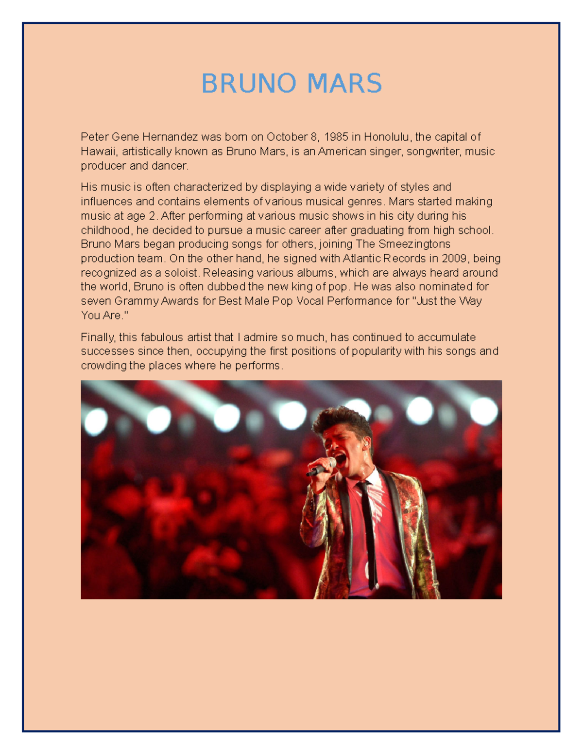 Bruno MARS writing basic 10 - BRUNO MARS Peter Gene Hernandez was born ...