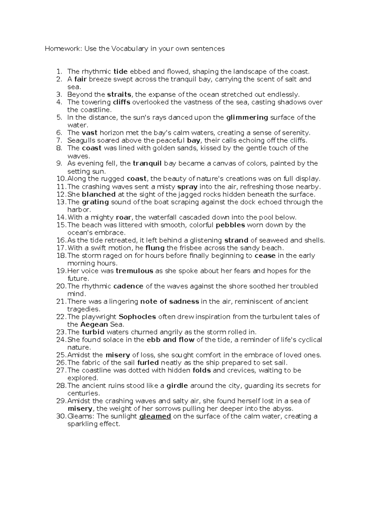 Homework Creating Sentences Using Vocabulary - Homework: Use the ...